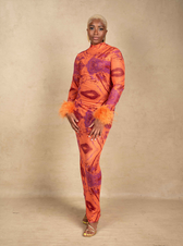 Amari Mesh Maxi Dress with Feathers - Orange – TANWAA